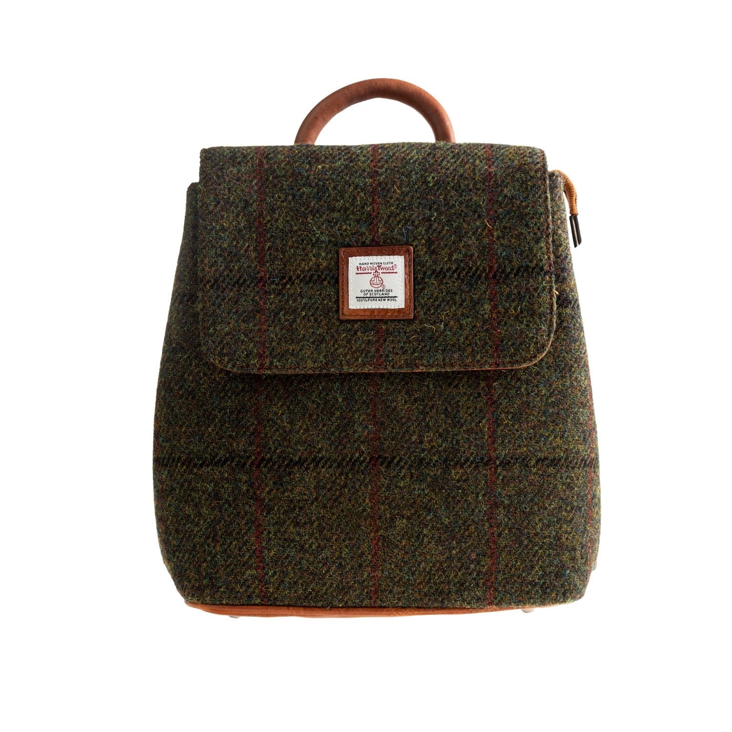 Ht Leather Flapover Backpack Dark Green Check / Tan | Dunedin Cashmere